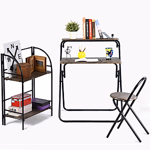 Folding Home Office Desk & Chair & Storage Shelf Sets, No Assembly Required - 29.5-Inch Study Workstation Writing Desk, 2-Tier Storage Rack Organizer Corner Shelf Bookcase, Small Stool Chair, Brown