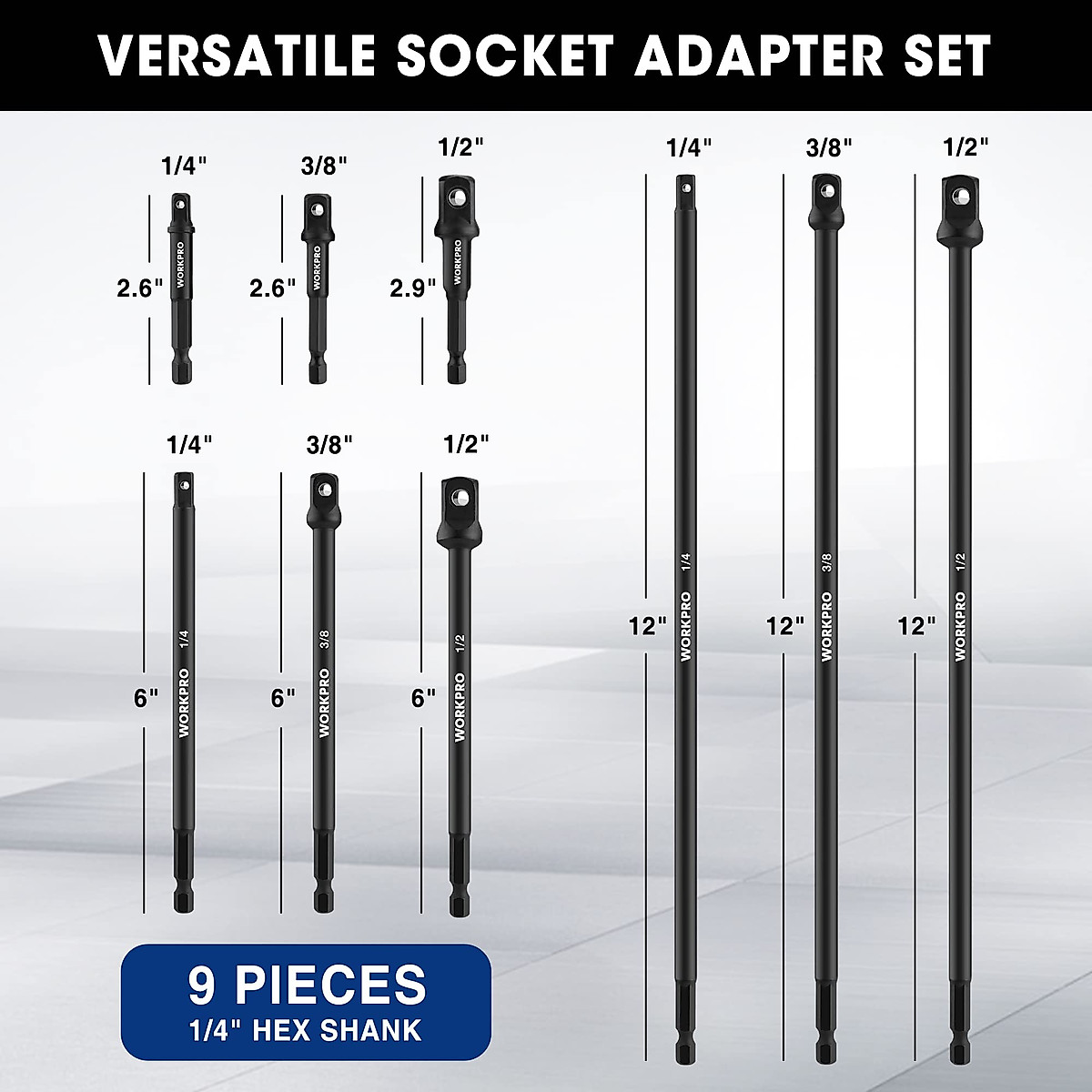 WORKPRO 9-Piece Socket Adapter Extension Set, 1/4, 3/8, 1/2-Inch Drive, 1/4-Inch Hex Shank, Impact Grade Extension Bit with Holder for Power Drill & Impact Driver
