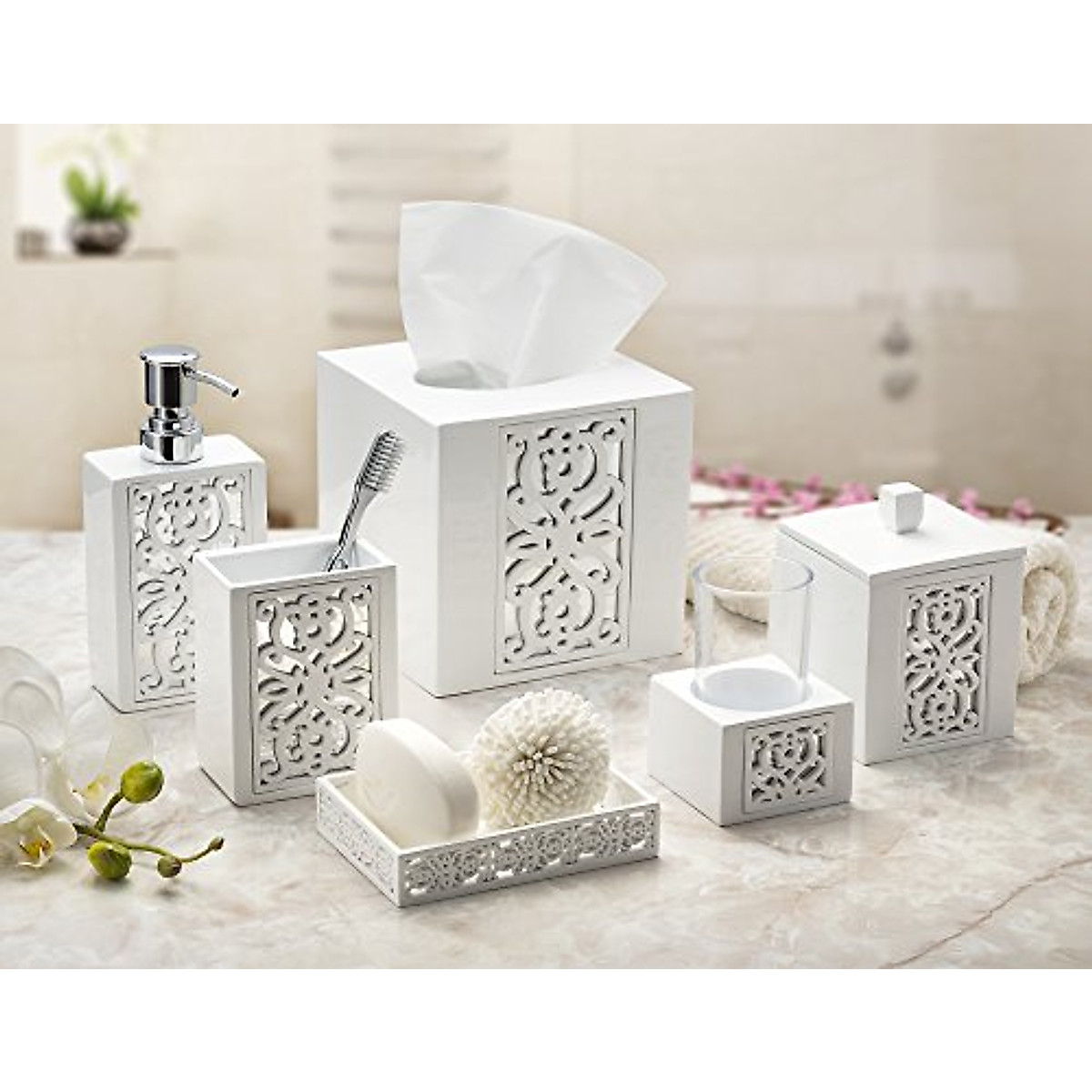 Creative Scents White Bathroom Accessories Set - Decorative 4 Piece Bathroom Set - Mirrored Bathroom Accessory Set Includes: Soap Dispenser, Toothbrush Holder, Soap Dish and Tumbler (Mirror Janette)