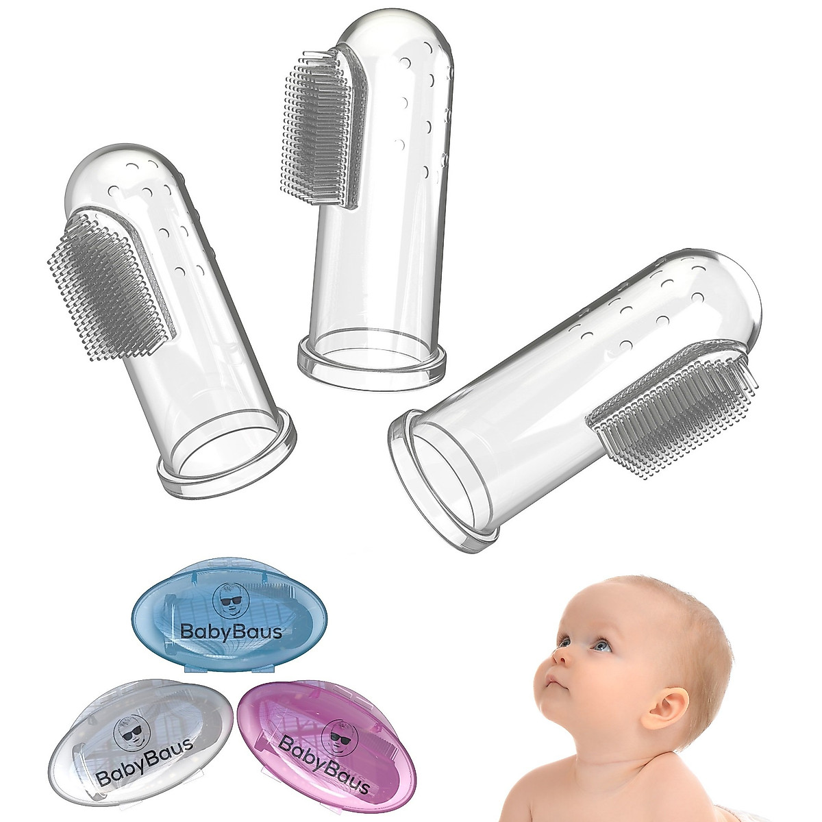BabyBaus: Baby Finger Toothbrush | Easy Oral Hygiene for Kids, Toddlers, Babies and Pets | Soft, Massaging Bristles, Ergonomic Design – Set of 3, with 3 Cases in Blue, Pink, Clear