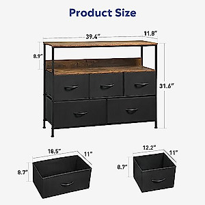 AMISEN Dresser Drawers TV Stand, Entertainment Center with Shelves, Storage Console Table with 5 Fabric Drawers for Bedroom, Living Room, Entryway, Hallway, Black