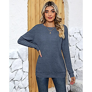 Ficerd 2 Pack Women's Casual Sweatshirts, Long Sleeve Cotton Shirts Loose Fit Lightweight Crew Neck Basic Tops Cute Pullover (Navy Blue, Wine Red,Large)