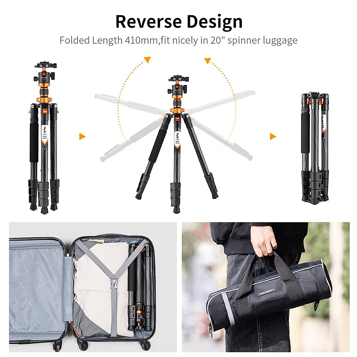 K&F Concept 63" Carbon Fiber Camera Tripods,D254C1+BH-28L Compact Tripod with Detachable Monopod, Metal Ball Head 10KG Load Capacity with Quick Release Plate for SLR DSLR Digital Camera/Camcorder