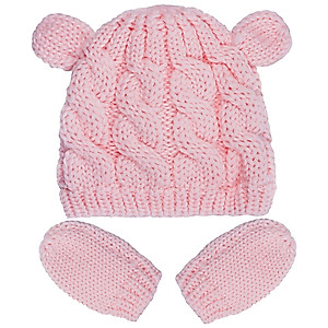 2 Set Newborn Winter Beanie Hats Gloves Kit for Baby Girls Boys Infant Toddler Warm Knitted Hats Glove Autumn Spring 3-6 Months (White & Pink)