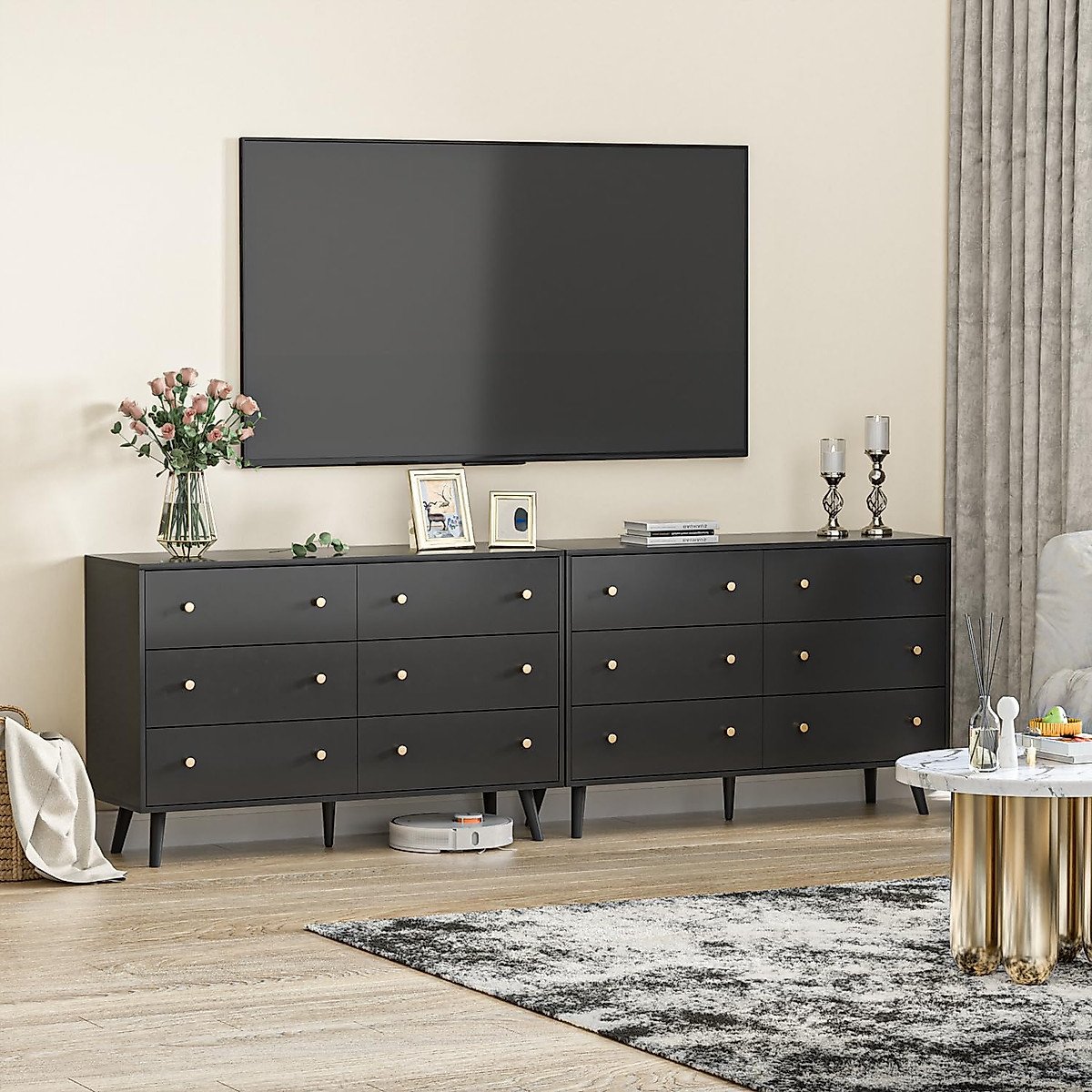 HOUROM Black Dresser for Bedroom, Modern 6 Drawer Double Dressers with Gold Handles, Wood Chest of Drawers for Living Room, Hallway, Entryway