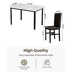 Recaceik Dining Table Set for 4, Kitchen Table and Chairs Set with Faux Marble Tabletop & 4 Leather Upholstered Chairs for Kitchen Dining Room, Compact Space, Dinette Set, White+Brown