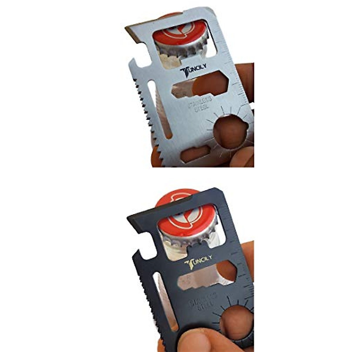 Survival Credit Card Multitool by Tuncily (2 Pack - Black & Silver) - 11 in 1 Wallet Multipurpose Tool, Bottle Opener, Everyday Utility Tactical Multi Tool, Christmas Gifts Stocking Stuffers for Men