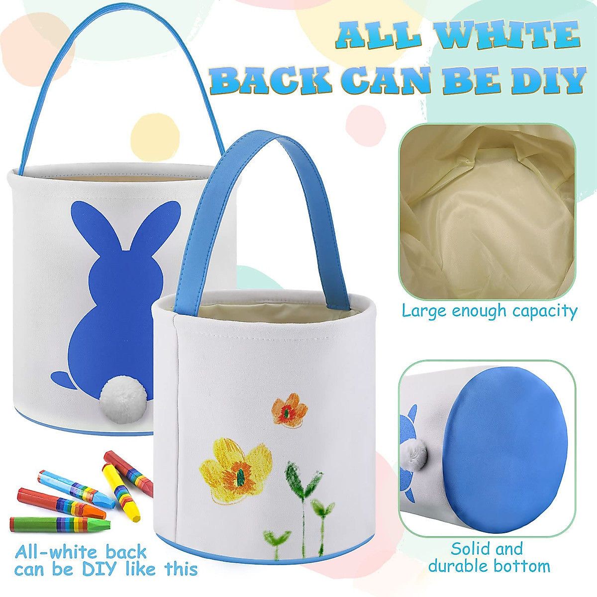 Honeydak 6 Pcs Canvas Easter Bunny Baskets for Kids Easter Basket Bulk Canvas Tote Bunny Basket Egg Hunt Bags Printed Fluffy Tails Carry Bucket Cloth Tote Easter Gift Bags Party Decorations Favors