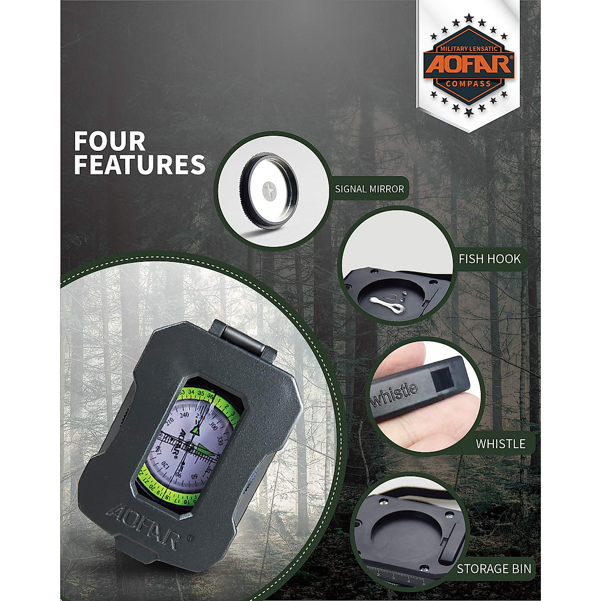 AOFAR Lensatic Sighting Military Compass AF-4090, Aluminum Alloy Material is Lighter, Functional with Signal Mirror Whistle Fishing Hook for Hiking, Camping, Fishing, Mountaineering, Boating, Pouch