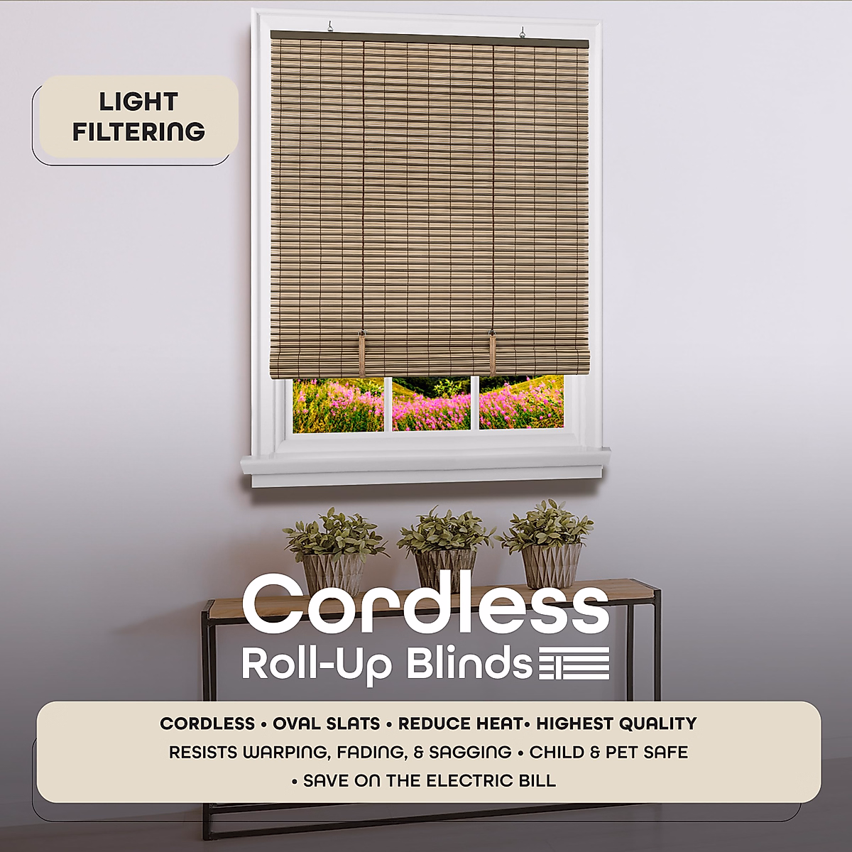 Cordless Veranda Vinyl Roll-Up Blind - 72 Inch Length, 48 Inch Width, Quarter Inch Vinyl Slats - Cocoa/Almond - Soft Light Filtering Horizontal Windows Blinds for Indoors by Achim Home Decor