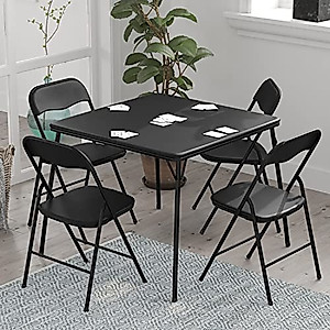 HBCY Creations 5 Piece Commercial Folding Card Table and Chair Set - Black Vinyl Tabletop - Black Metal Frames - Seating for 4