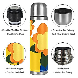 Stainless Steel Leather Vacuum Insulated Mug Flowers Thermos Water Bottle for Hot and Cold Drinks Kids Adults 16 Oz