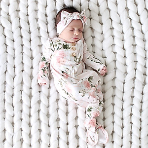 Posh Peanut Newborn Knotted Baby Gowns 0-3 Months - Easy-Tie Hospital Outfit Viscose from Bamboo Sleepers for Baby Boy & Girl, Vintage Pink Rose