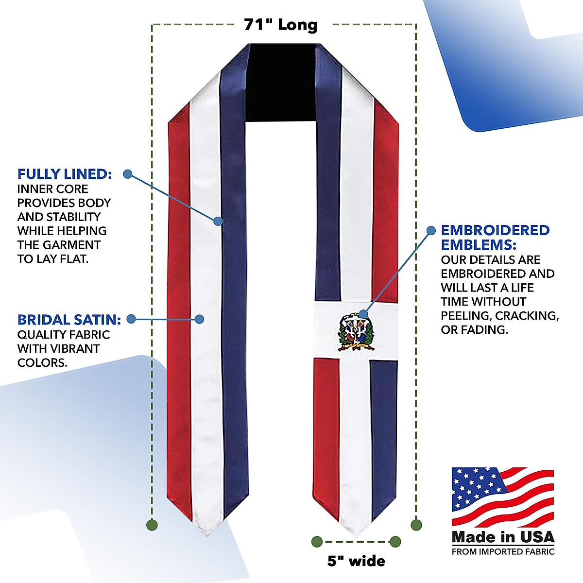 Vision Wear Dominican Republic Flag Graduation Sash/Stole International Study Abroad