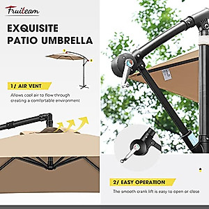 FRUITEAM 10FT Patio Offset Umbrella Cantilever Umbrella, Large Hanging Market Umbrella Large with Crank & Cross Bar, Waterproof UV Protection Outdoor Umbrella with Ventilation for Backyard/Garden
