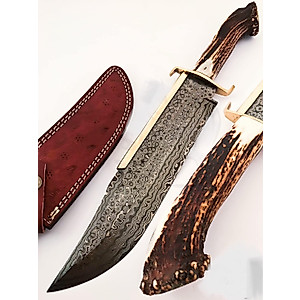 NoonKnives: 15.5" Hand Made Damascus Steel Collectible TEXAS Bowie Knife Handle Brass clip with stag horn