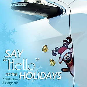 Bigtime Signs XL 4 Piece Reflective Magnetic Reindeer Car Kit - Funny Christmas Car Decorations + 2 Jingle Bells Magnets - Holiday Automotive Magnet (Waving Reindeer)