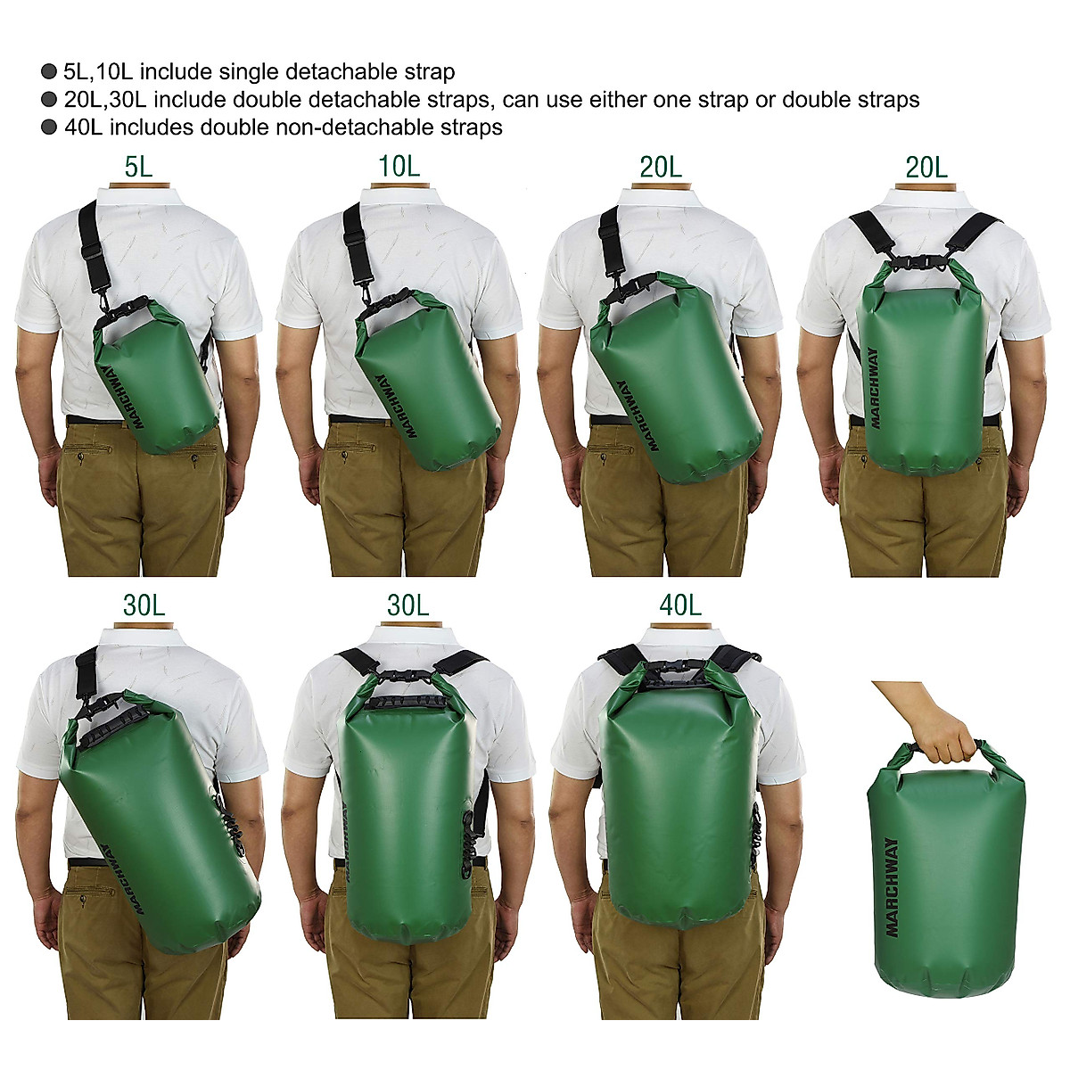 MARCHWAY Floating Waterproof Dry Bag Backpack 5L/10L/20L/30L/40L, Roll Top Sack Keeps Gear Dry for Kayaking, Rafting, Boating, Swimming, Camping, Hiking, Beach, Fishing (Dark Green, 40L)