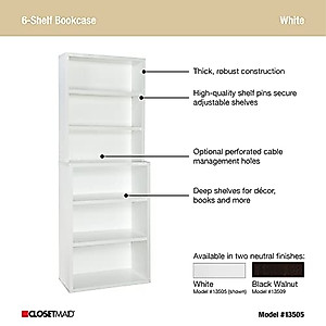 ClosetMaid Bookshelf with 6 Shelf Tiers, Adjustable Shelves, Tall Bookcase Hutch, Sturdy Wood With Closed Back Panel, White Finish