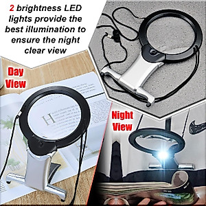ARSUK Magnifying Glasses with Light, Hands-Free Neck Magnifier for Reading Sewing Cross Stitching Needlework Crafts Hobby Jewelry Repair, 2X 6X Magnification Hanging Cord & Desk Stand
