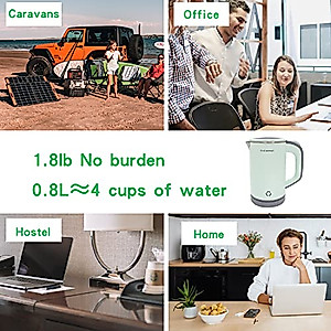 Enliansgo Small Electric Kettle Stainless Steel Double Wall Electric Kettle,0.8L Portable Travel Kettle Stainless Steel with Auto Shut-Off,Hotels/Offices/Travel Mini Electric Kettle （Green）