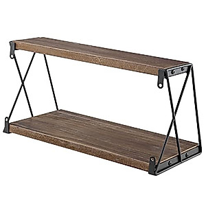 MyGift Wall Mounted 2 Tier Floating Display Shelf, Rustic Burnt Wood Collectibles Storage Shelf with Geometric Matte Black Metal Wire Side Brackets