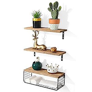 WAKOSAN Floating Shelf,Floating Shelves Wall Mounted Set of 3,Solid Wood Floating Shelves,Rustic Wood Wall Shelves for Kitchen Living Room,Bedroom Shelves,Bathroom Shelf (Natural Brown)