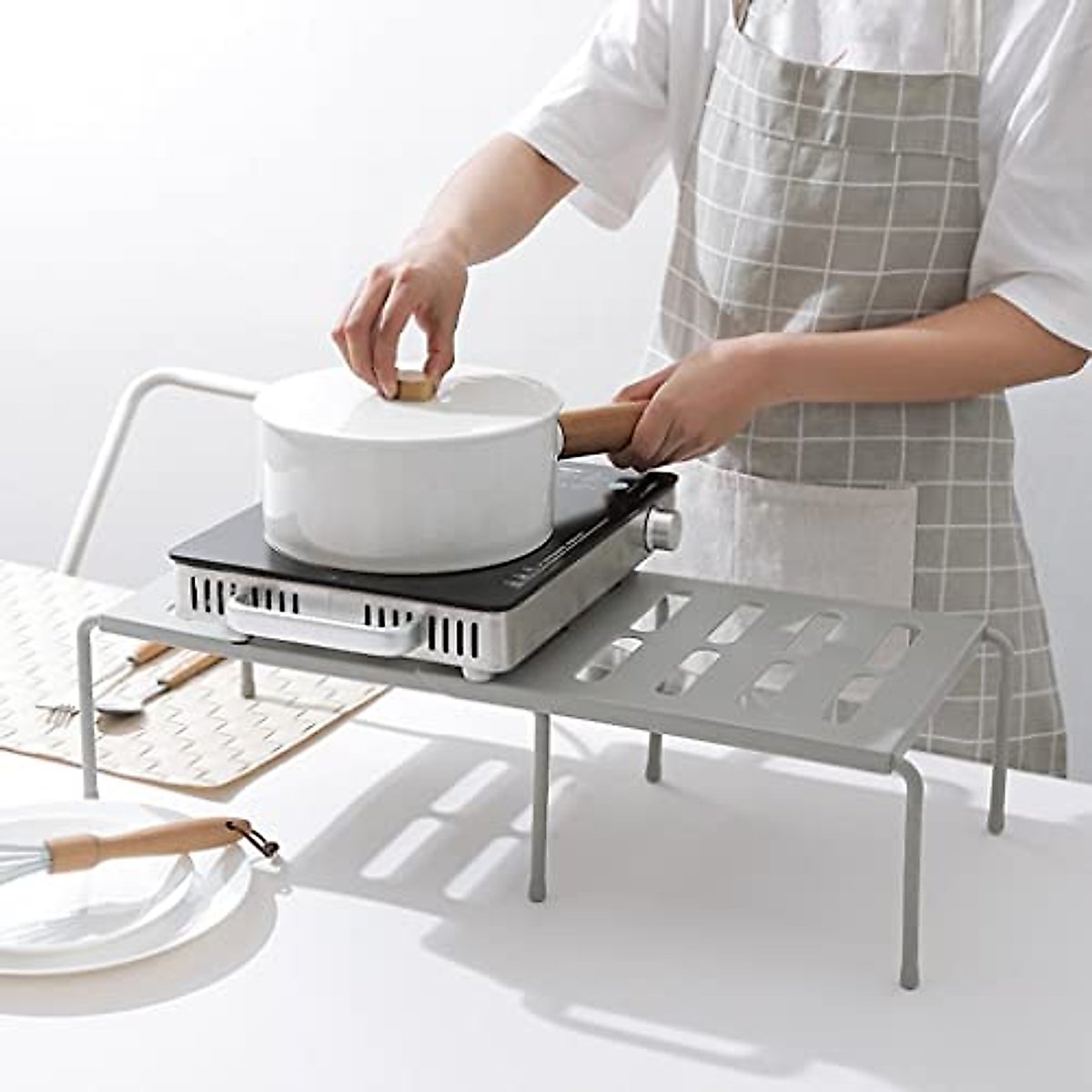 Generic Expandable Storage Rack Scalable Design Shelf Multifunctional for Cabinet Kitchenware, Gray