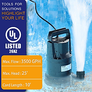 WASSERMANN 1/2HP Water Pump,3500GPH Submersible Thermoplastic Utility Pump with 10 FT Power Cord,Electric Portable Transfer Clean/Dirty Sump Pump for Swimming Pool Tubs Garden Ponds Draining