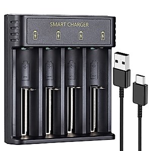 18650 Battery Charger 4 Bay Smart Universal Charger for 3.7V Rechargeable Batteries Li-ion Batteries 18650 26650 14500 16340(CR123) 21700 18490 18350 Batteries (Not Battery)