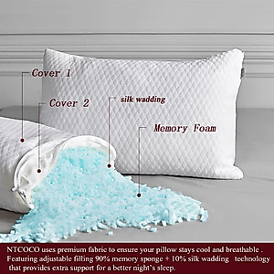 NTCOCO 2 Pillows, Shredded Memory Foam Bed Pillows for Sleeping, with Washable Removable Cooling Hypoallergenic Sleep Pillow for Back and Side Sleeper, Queen (2-Pack)