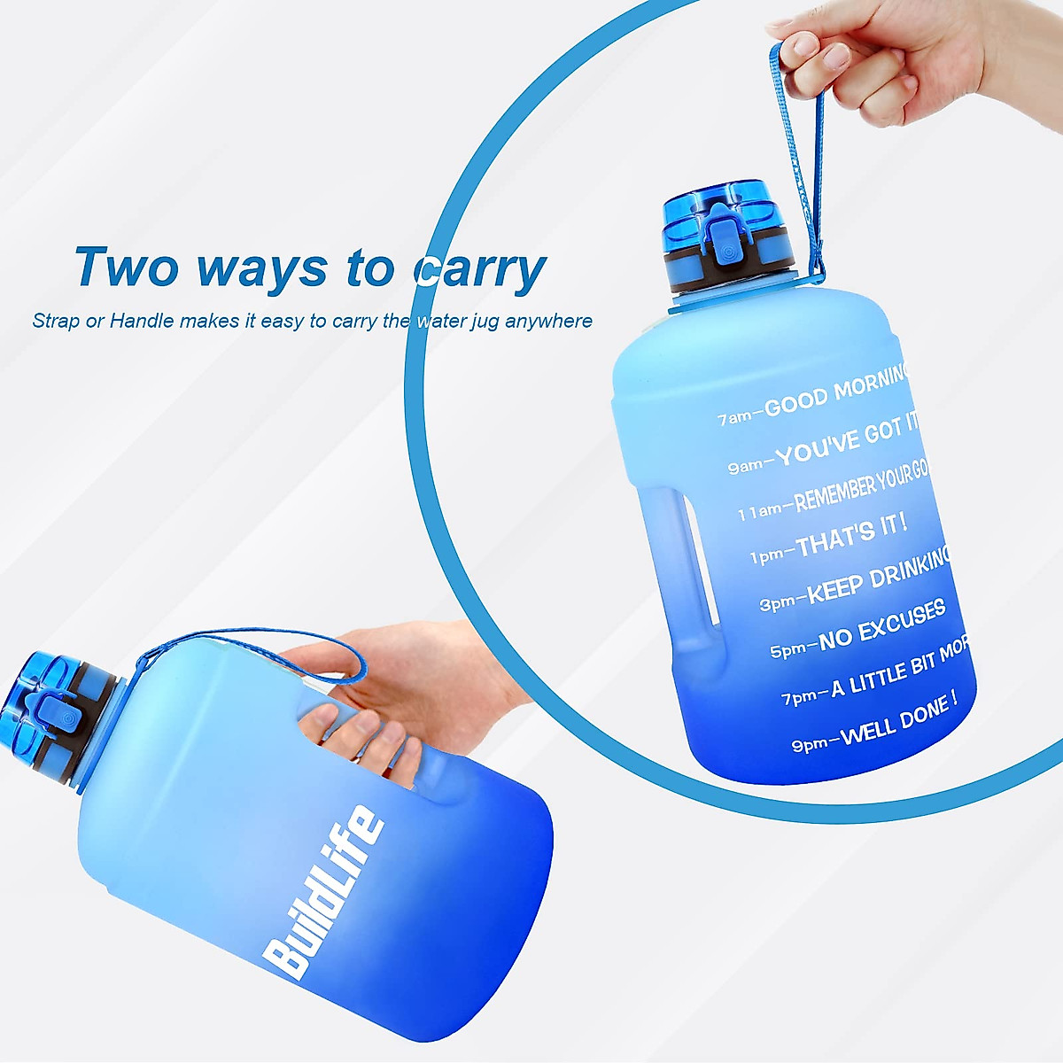 BuildLife Gallon Water Bottles with Times to Drink - Gallon Water Jug - 1 Gallon Water Bottle–128 oz Water Bottle,One Gallon Water Bottle with Time Marke for Gym(Blue)