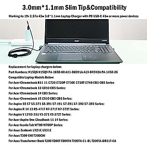 USB C to Slim Tip Charging Cable for Acer Chromebook 11 13 14 15 R11 CB3 CB5 C740 C720 C720p C738T C731 CB3-532 CB3-131 CB3-111 CB3-531 CB5-571 CB5-311 CB5-132T