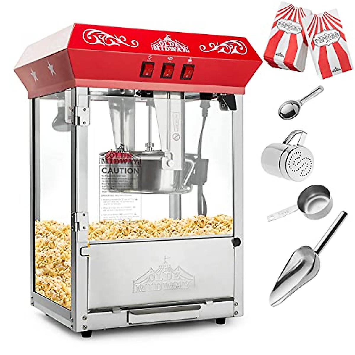 Olde Midway Bar Style Popcorn Machine Maker Popper with 10-Ounce Kettle - Red