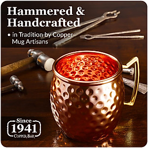 Moscow Mule Copper Mugs | Set of 4 Hammered Cups | 100% Handcrafted Pure Solid Copper | Gift Set with Cocktail Straws | Shot Glass | Coasters | Copper Stirrer & Beer Opener by Copper-Bar