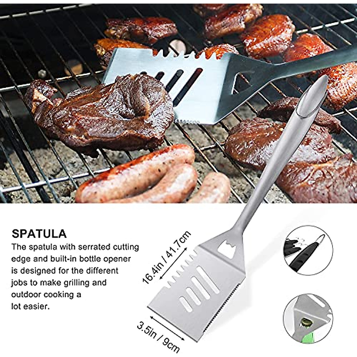 Grilljoy 10PC Extra Thick Stainless Steel Grill Tools Set, Heavy Duty Barbecue Spatula, Fork, Tongs, Skewers with Portable Bag, Deluxe Grill Utensils Set for Men Women Birthday Gift