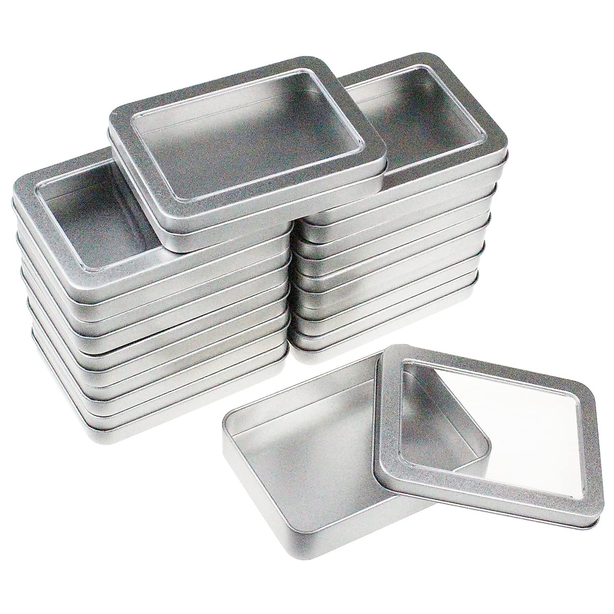 Goodma 12 Pieces Rectangular Empty Metal Tins Home Storage Containers Organizer Mini Box with Clear Window Lid, 4.5 x 3.35 x 0.87 inch (Silver)