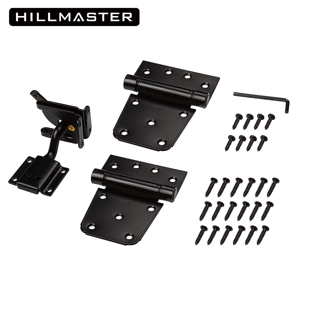 HILLMASTER Heavy Duty Gate Latch Kit for Wooden Vinyl Fence, 1 Pack Self-Locking Gate Latch and 2 Pack 3.5” Spring Tee Hinges, Gate Fence Hardware Set, Black Finish