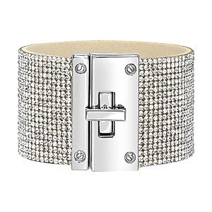 Badgley Mischka Women's Bracelet - Crystal Studded Leatherette Box Clasp Bangle Cuff Wrap Wristband, White