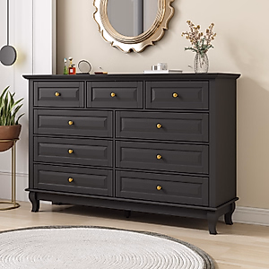 ECACAD Tall 9 Drawer Double Dresser with Carved Drawer Fronts & Solid Legs, 55.1" L Black Modern Wood Storage Chest of Drawers for Bedroom, Living Room & Fitting Room