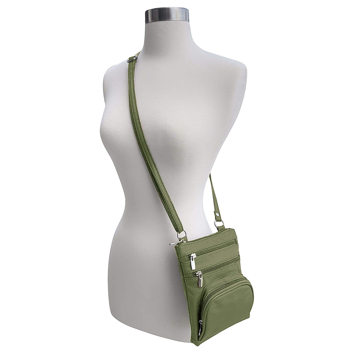 Roma Leathers Crossbody Zippered Purse - 3 Front Pockets, Adjustable Strap - Olive