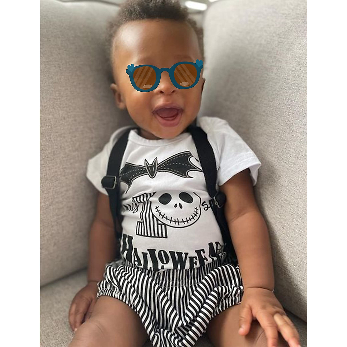 My First Halloween Outfit Baby Boy Newborn Gentleman Suspender Romper and Skull Bottom Halloween Clothing (Skull Striped, 0-3 Months)