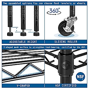 Hudada Garage Shelving 48 inch L×18 inch W×82 inch H Wire Shelving with Wheels Metal Storage Shelves Heavy Duty 6 Tier Adjustable Shelving with Casters for Restaurant Pantry Kitchen Rack - Black