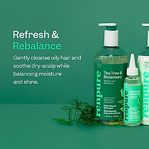 Renpure Plant Based Tea Tree and Rosemary Refresh and Rebalance Shampoo - Soothes Dry Scalp - Delivers Moisture and Shine - Rids Hair of Grime - Dye Free - Recyclable, Pump Bottle Design - 24 fl oz