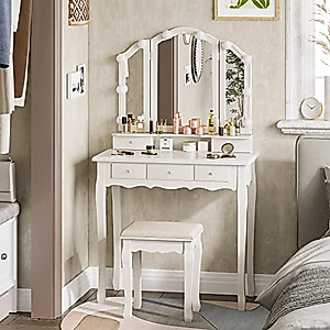 Tiptiper Makeup Vanity with Lights, Vanity Desk with Lighted Mirror and Stool, Vanity Set with 5 Drawers, 3 Light Settings & Adjustable Brightness, White