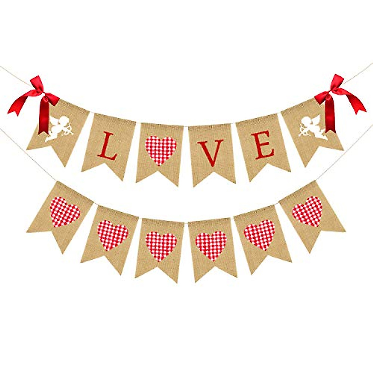 JOZON Love Burlap Banner and Pink Plaid Heart Burlap Banner Valentine's Day Bunting Banner Garland with Cupid Signs and Bows Valentines Day Party Decorations for Wedding Anniversary Mother‘s Day