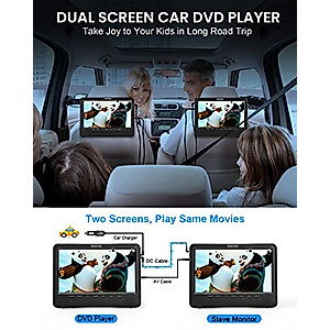 WONNIE 10" Car DVD Player with Dual Screen, Portable Headrest Video Player for Kids, 5 Hours Rechargeable Battery, Support Sync to TV, Last Memory,USB/SD, AV Out&in( 1 Player+1 Monitor)