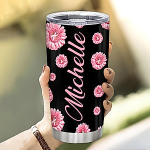 Hyturtle Personalized Breast Cancer Awareness Gifts For Women - Custom Name Stainless Steel Tumbler Coffee 20 oz - Pink Daisy Print Breast Cancer Gifts For Friend, Mom On Awareness Month, Christmas
