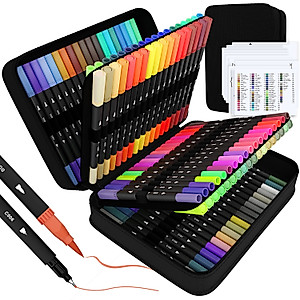 sunacme Art Supplier Dual Brush Markers Pen, 110 Artist Coloring Marker Set, Fineliner & Brush Tip Pens with Premium Case for Adults Coloring Books & Kids Journal, Drawing, Doodling