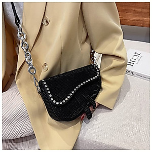 PURFANREE Women Studded Saddle Shoulder Bag Shining Rhinestone Clutch Purse Underarm Handbag Satchel Rivet Crossbody Bag